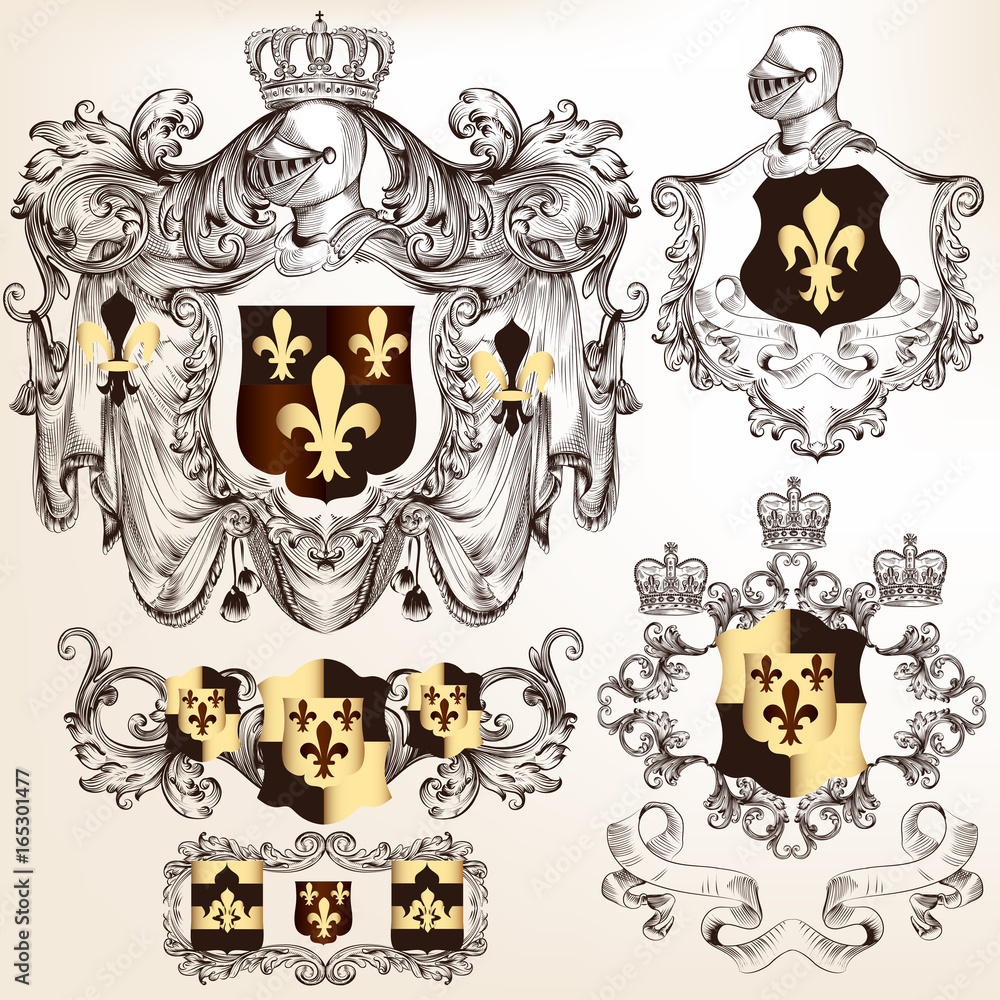 Set of vector heraldic design elements with coat of arms in vintage ...