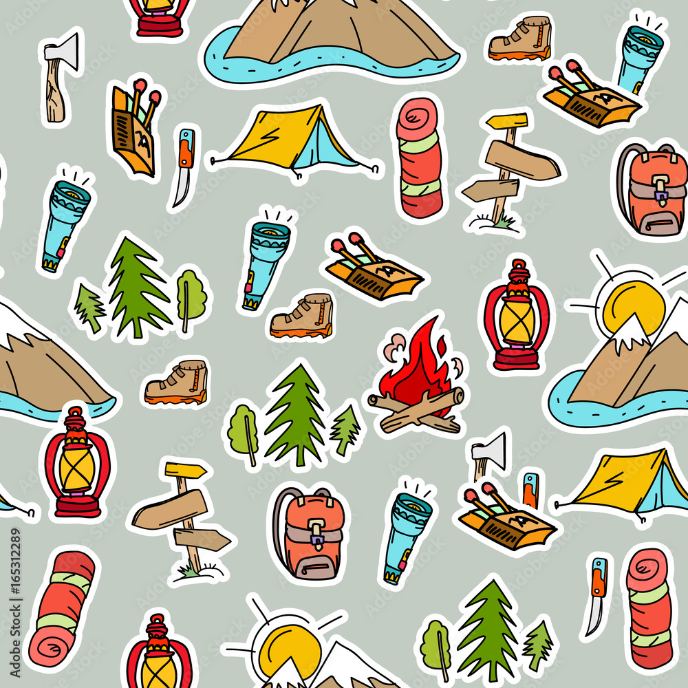 Camping seamless pattern. Camping background pop art style, tourism ...