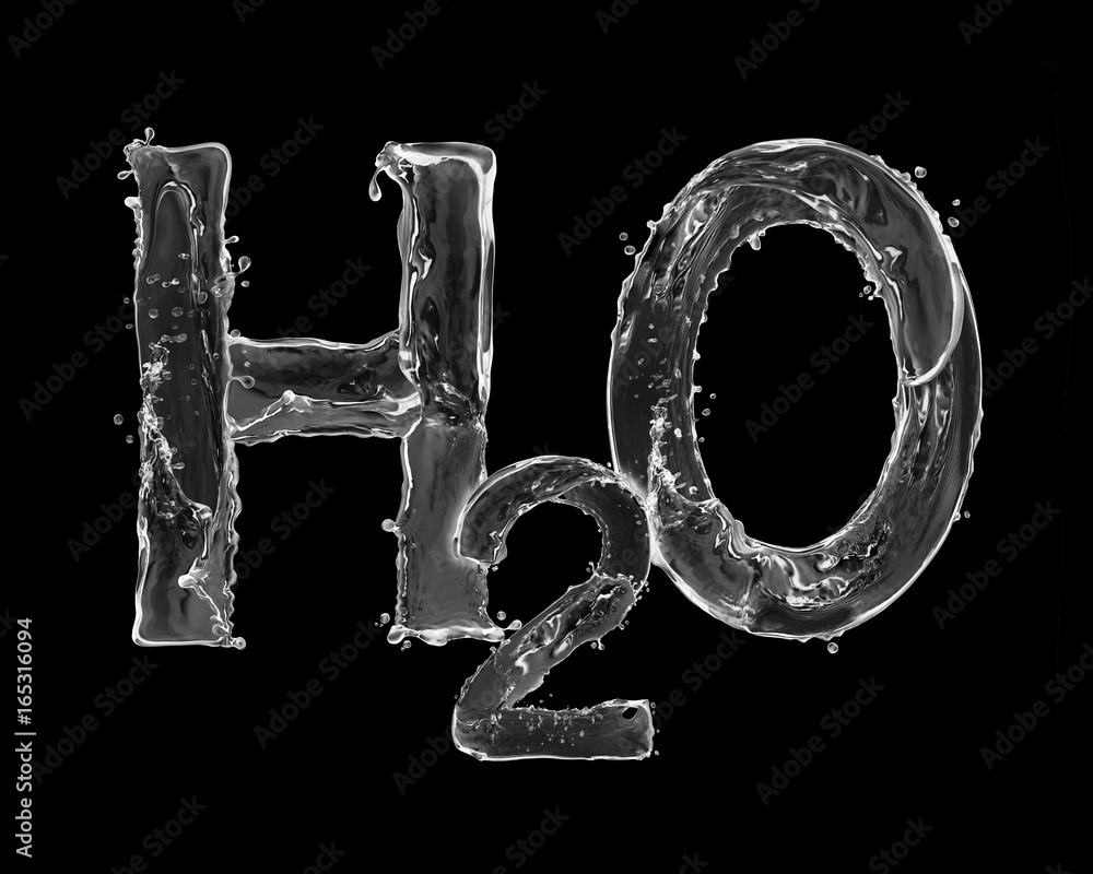 Chemical formula of water made of water splashes on black background ...