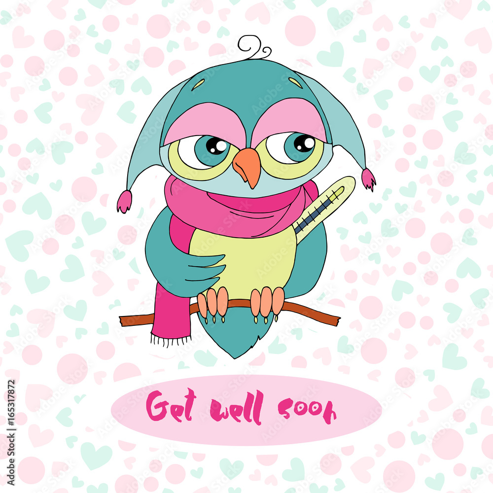 Cute colorful cartoon owl is sick Stock Vector | Adobe Stock
