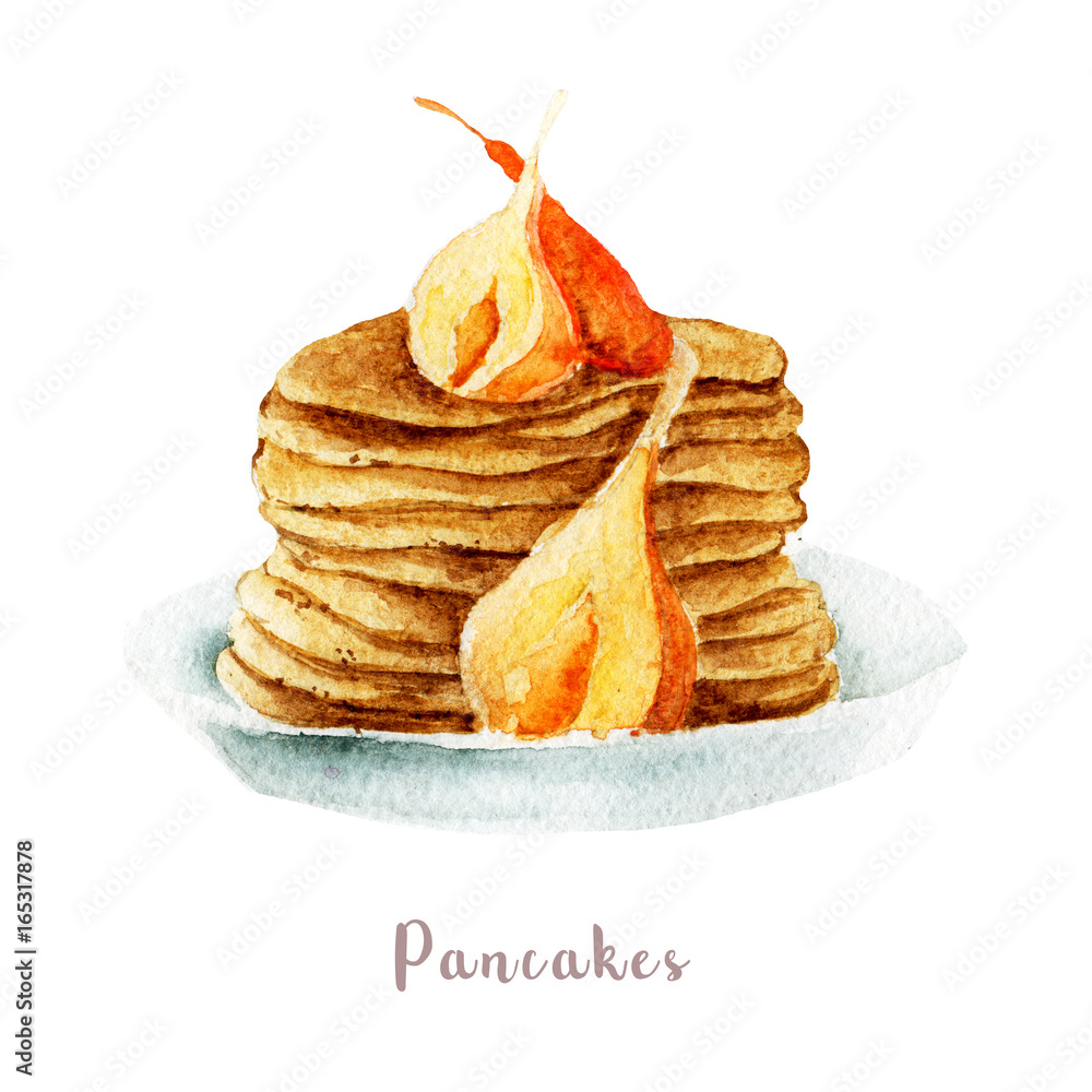 Watercolor hand drawn pancakes. Isolated dessert illustration on white ...