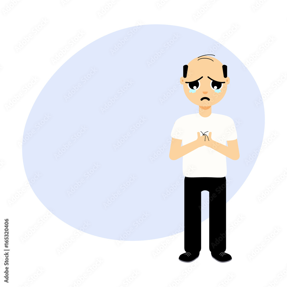 Full length portrait of a man crying over hair loss. Treatment and ...