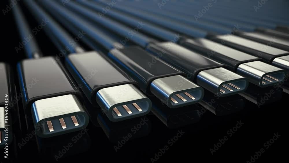 Endless line of usb type c connector cables on a reflective black ...