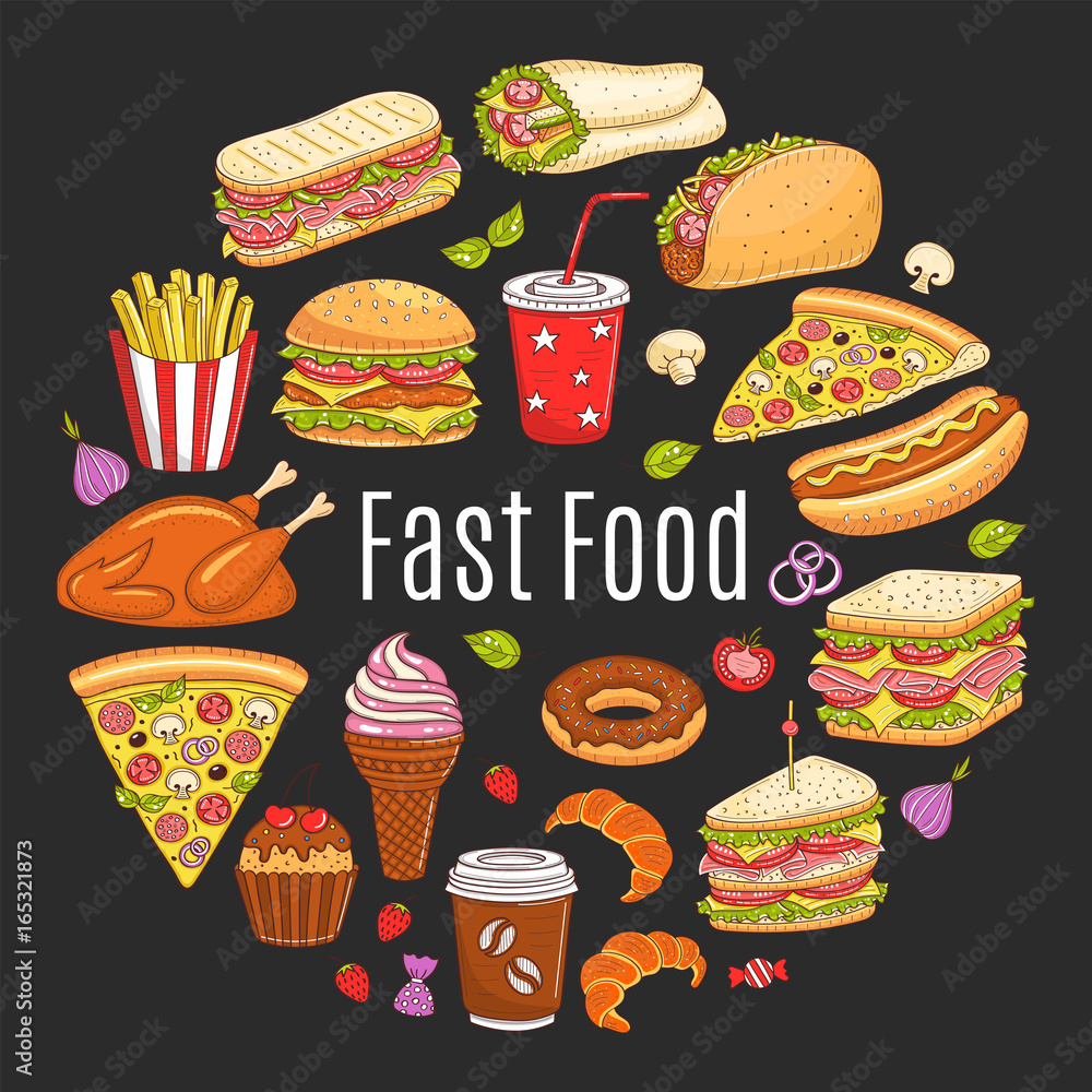 Vector sketch illustration of fast food circular shaped Stock Vector ...