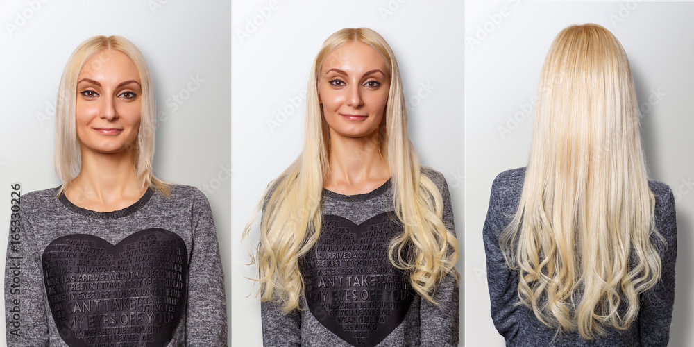 Hair extensions procedure. Hair before and after. Stock Photo | Adobe Stock
