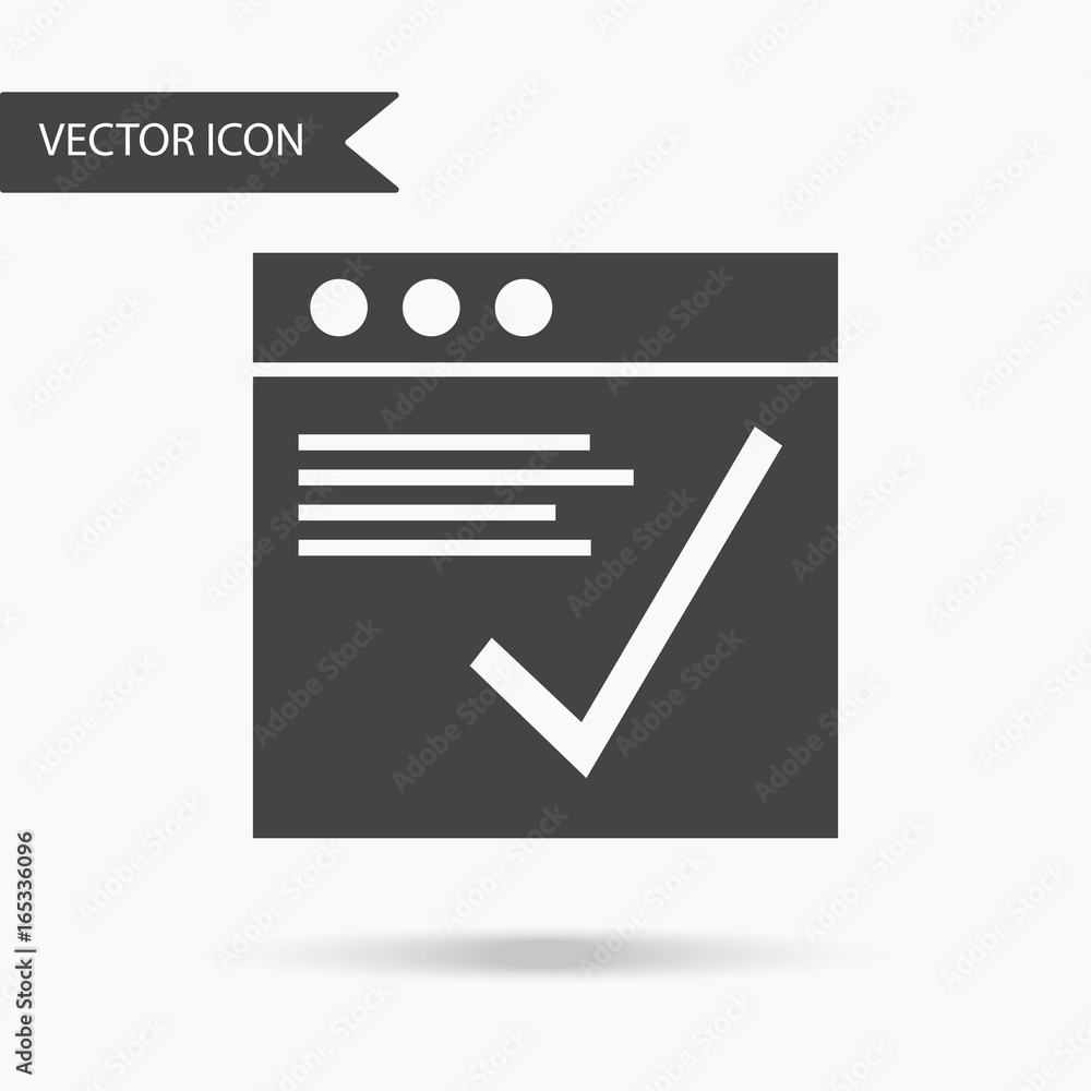 Tick with the text in the browser window in a flat style on a white ...