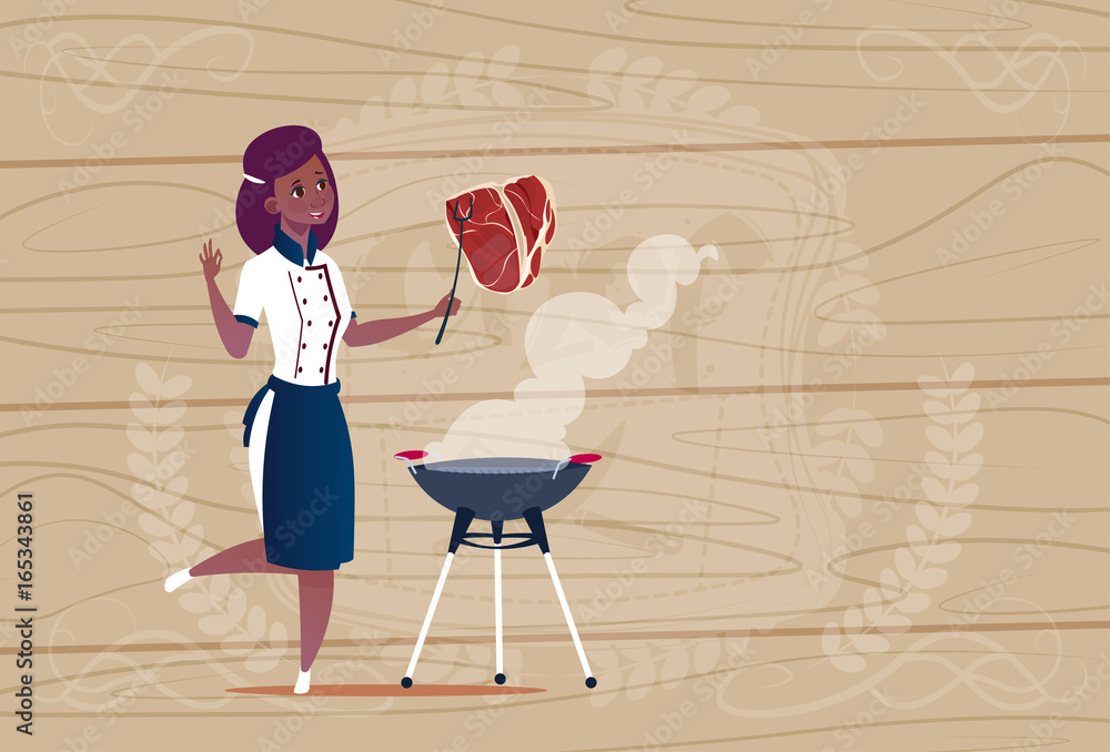 Female African American Chef Cook Grilling Meat Cartoon Chief In ...