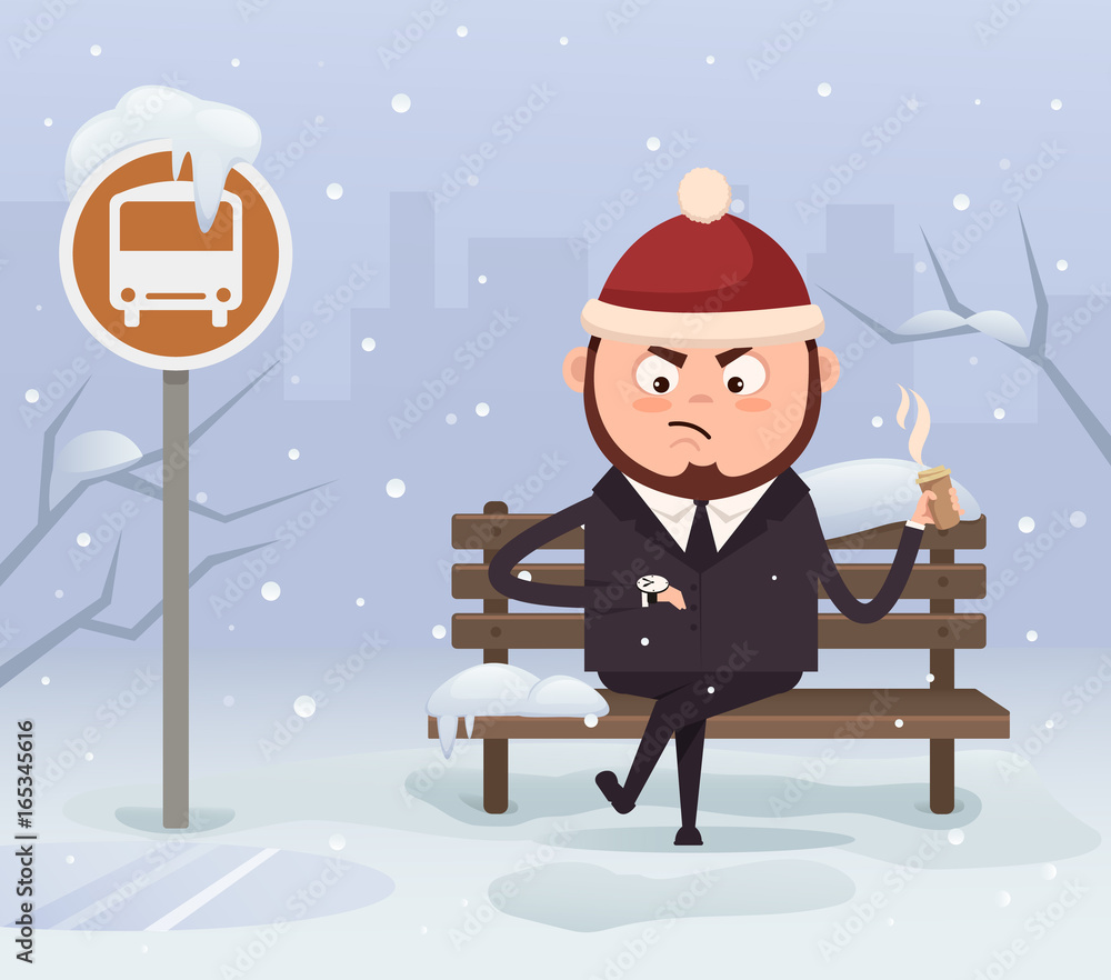 Angry nervous businessman office worker character waiting late bus look ...