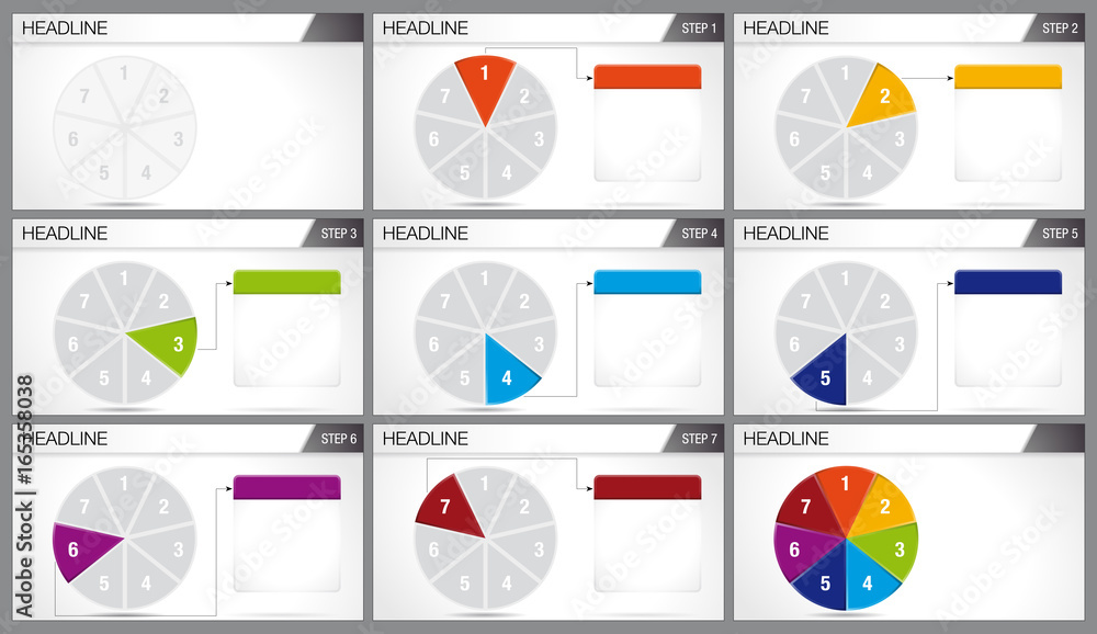 Circular pie divided into 7 equal parts are illuminated in sequence on ...