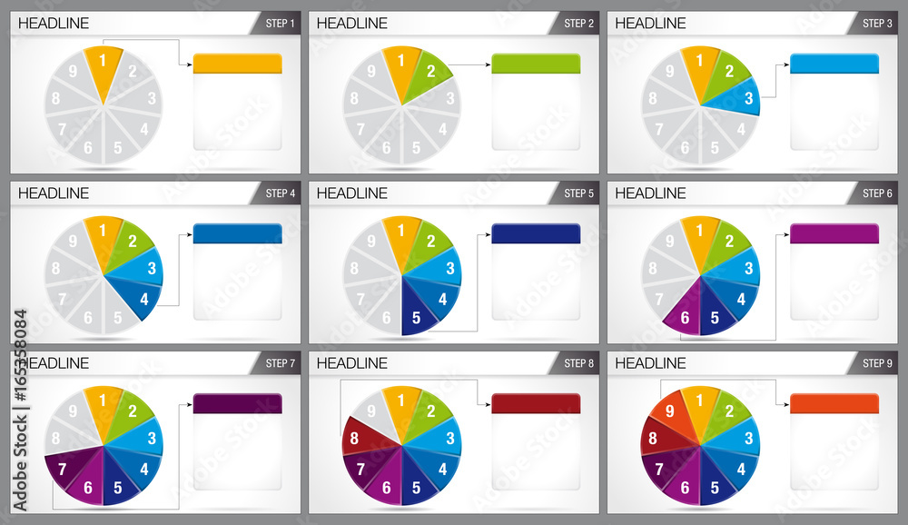 Circular pie divided into 9 equal parts are illuminated in sequence on ...