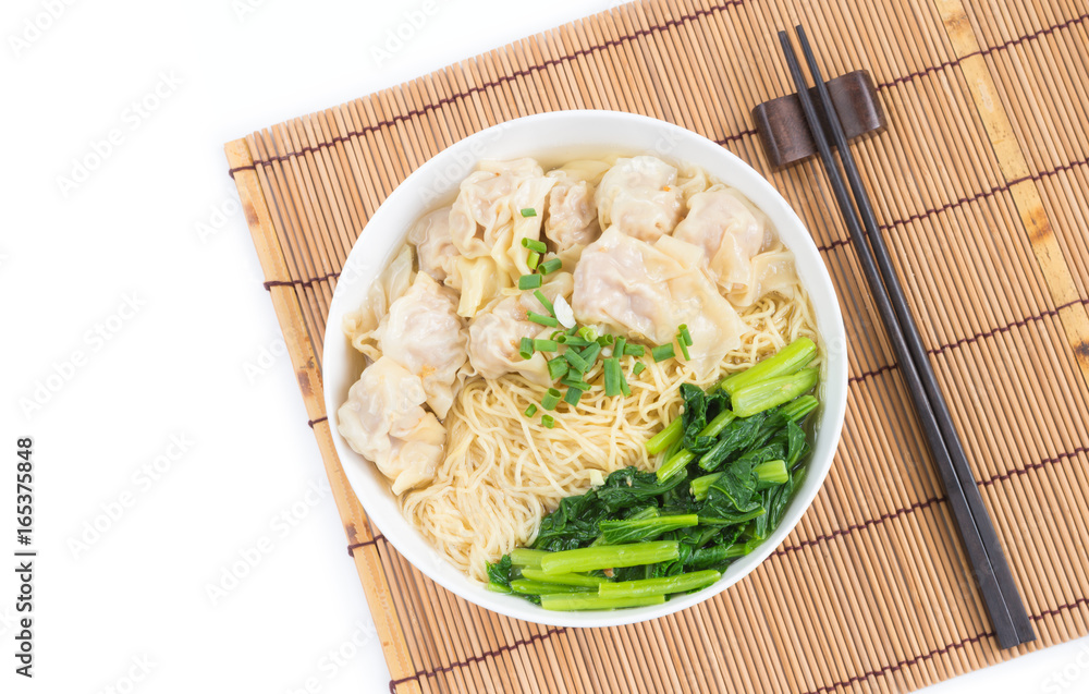 Wonton and egg noodle soup of Chinese Cantonese style for asian cuisine ...