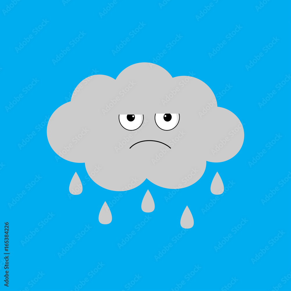 Cute cartoon kawaii cloud with rain drops. Sad face emotion. Eyes and ...
