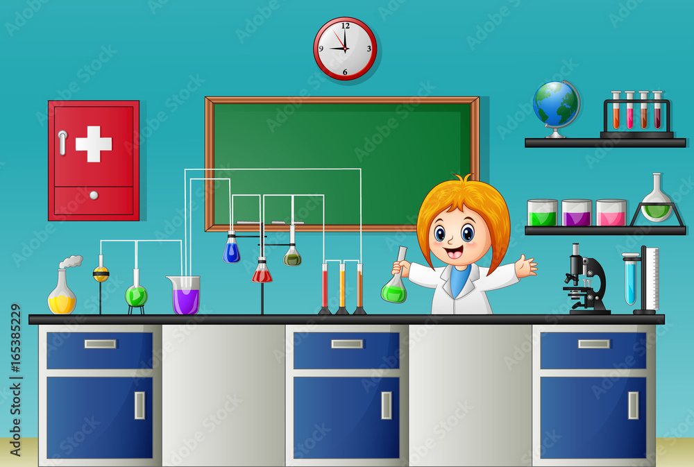 Cartoon girl doing chemical experiment in the laboratory Stock Vector ...