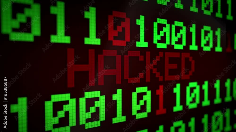 3d animation: Looped animated background with running lines with binary code and shimmering text ...