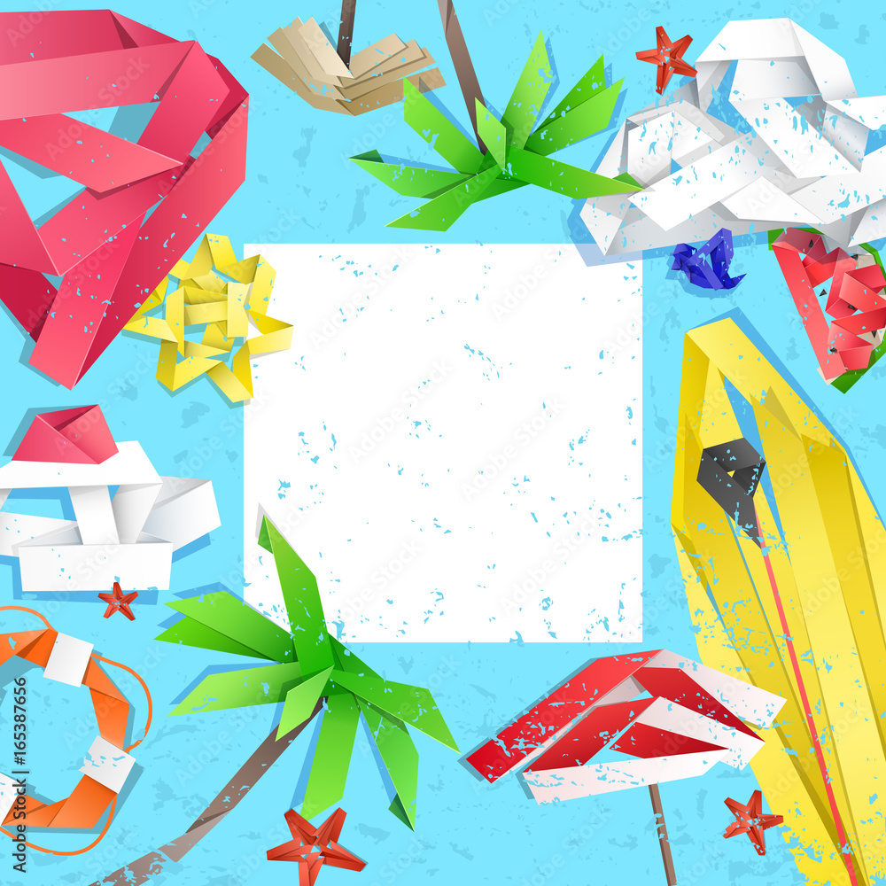 Background and Summer objects made of crumpled colorful paper strips ...