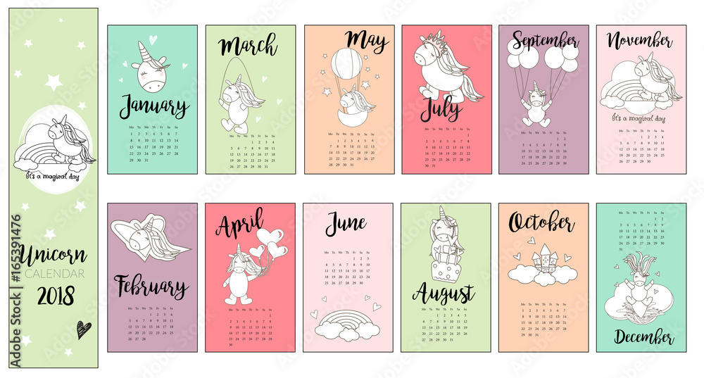 Cute Unicorn calendar, printable, in Vector Stock Vector | Adobe Stock