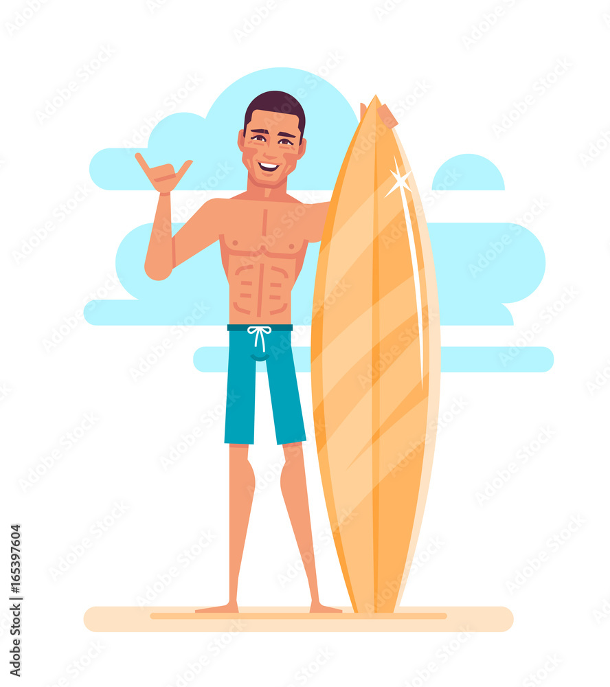Attractive young surfer is holding surfboard on the beach. Modern ...