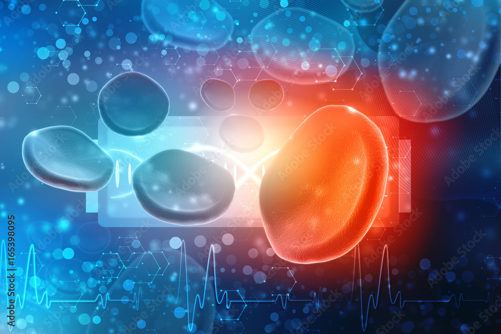 Red blood cells flow along on scientific background, 3d render Stock ...