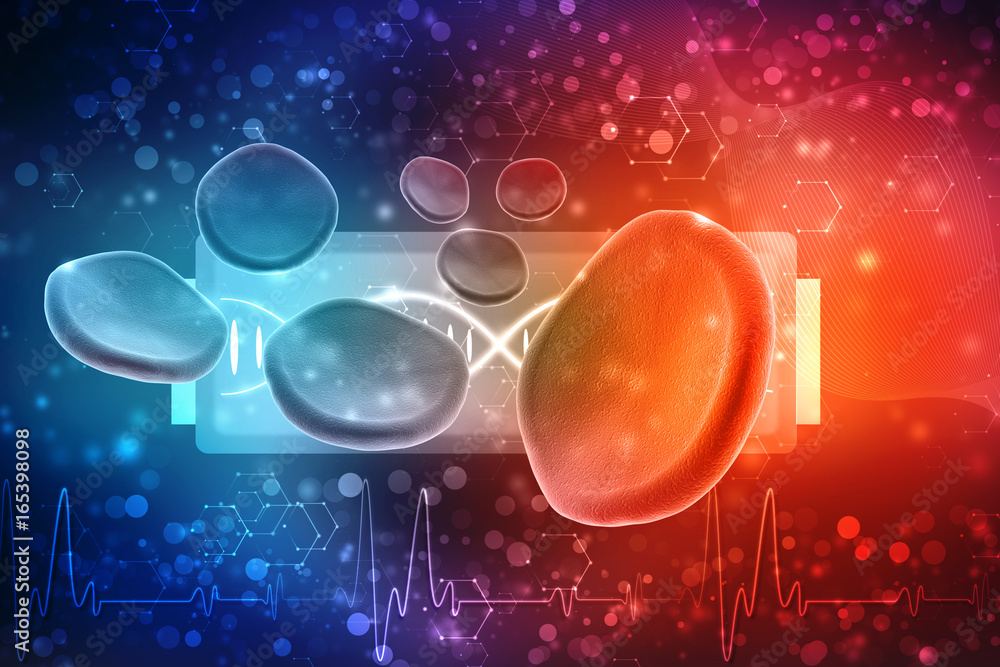 Red blood cells flow along on scientific background, 3d render Stock ...