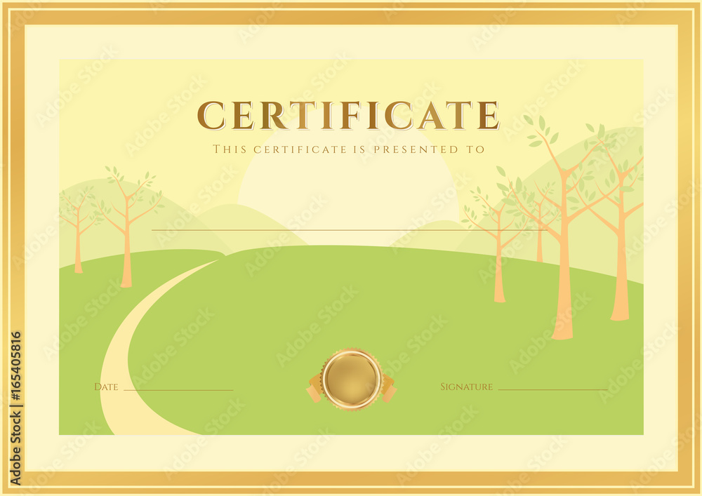 Horizontal Certificate of completion (template) with forest background ...
