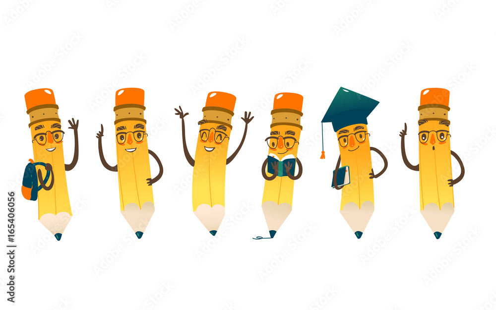 Set of happy cartoon pencils with books, backpack, glasses, graduation ...