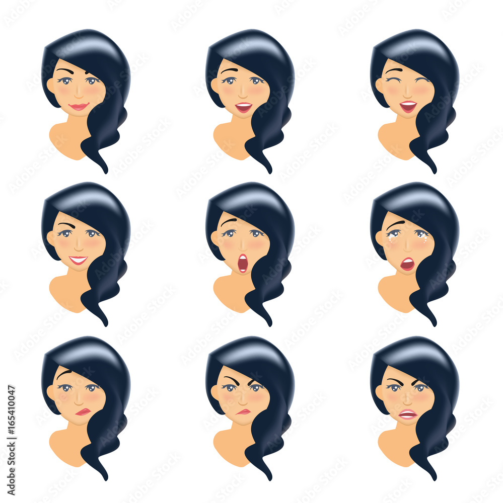 Set of woman's emotions. Facial expression. Brunette girl Avatar. Stock ...