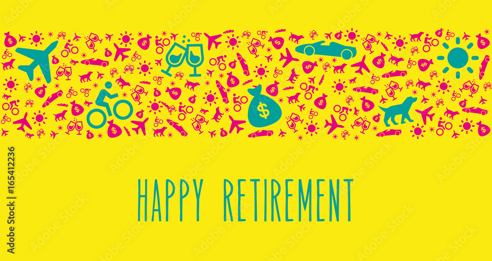 Happy Retirement Congratulation vector card with funny icons Stock ...
