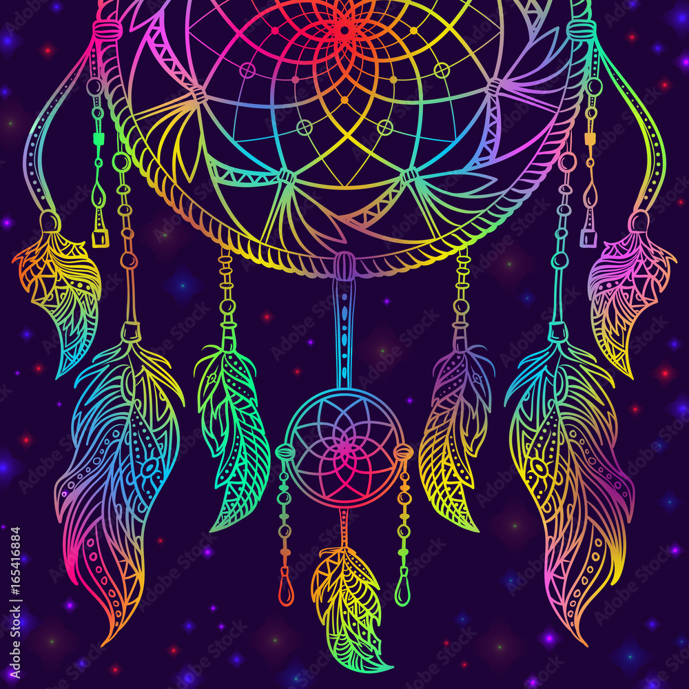 Colorful dream catcher with ornament and night sky with stars. Design ...