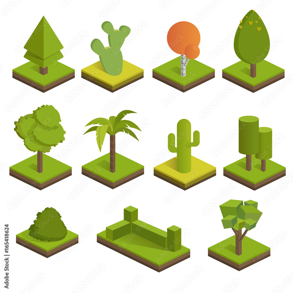 Set isometric 3d trees. Big and small trees,bush,palm tree,cactus ...