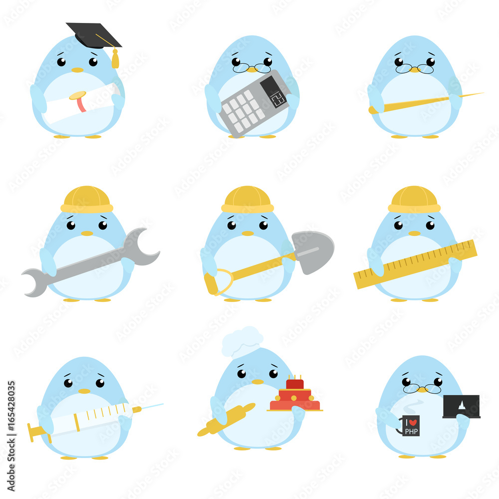 Vector set of penguins of various professions: Scientist, accountant ...