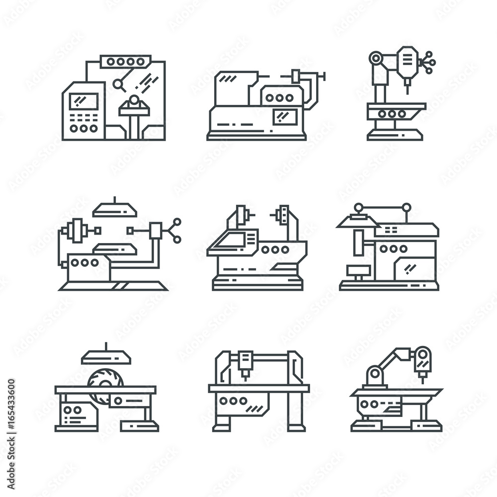 Industrial machines vector line icons. Factory machine tools symbols ...