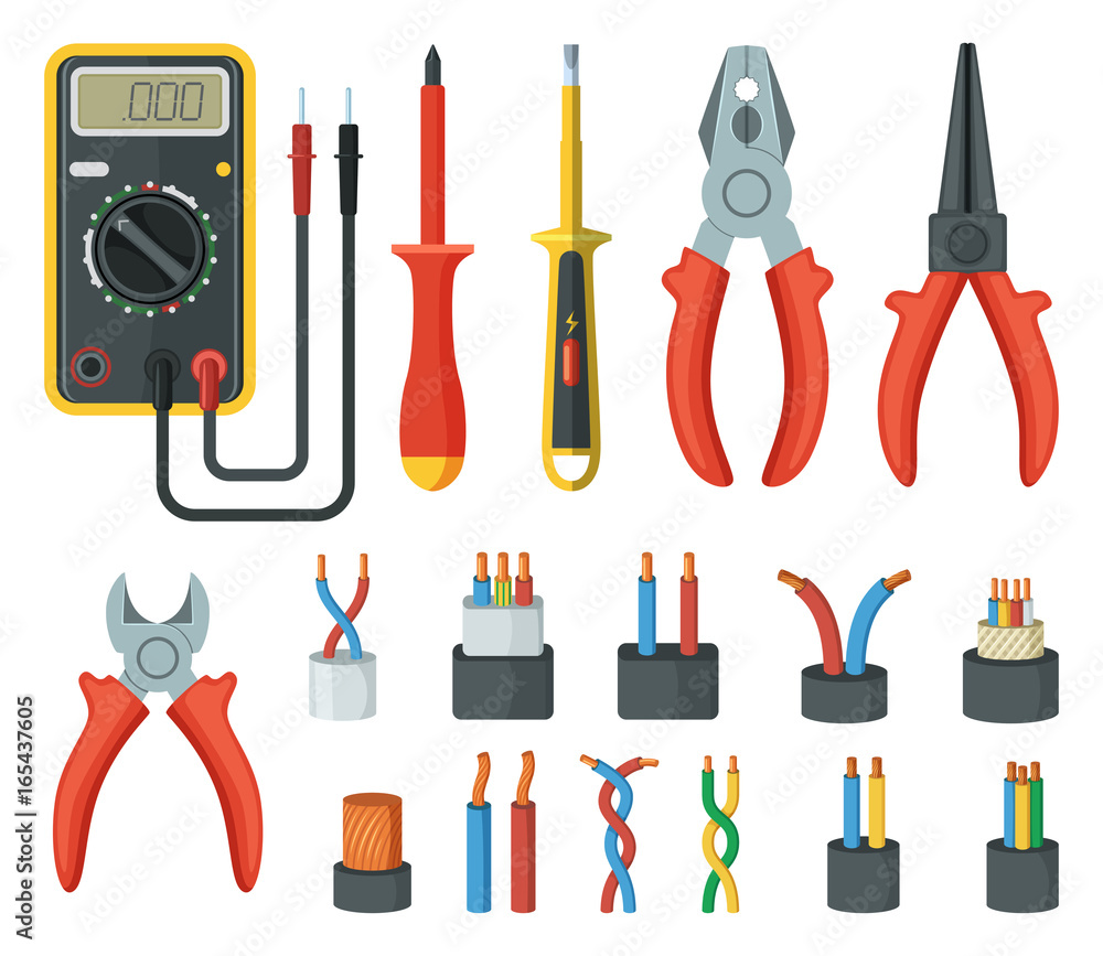 Electrical cable wires and different electronic tools. Cutter ...