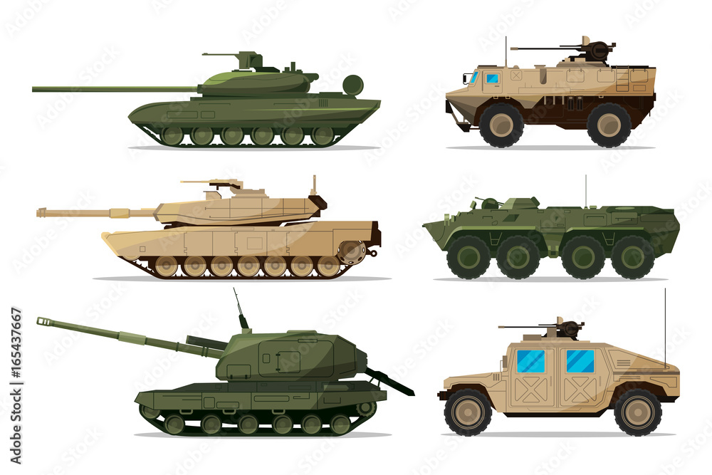Military vehicle. Different artillery machines support. Heavy army ...