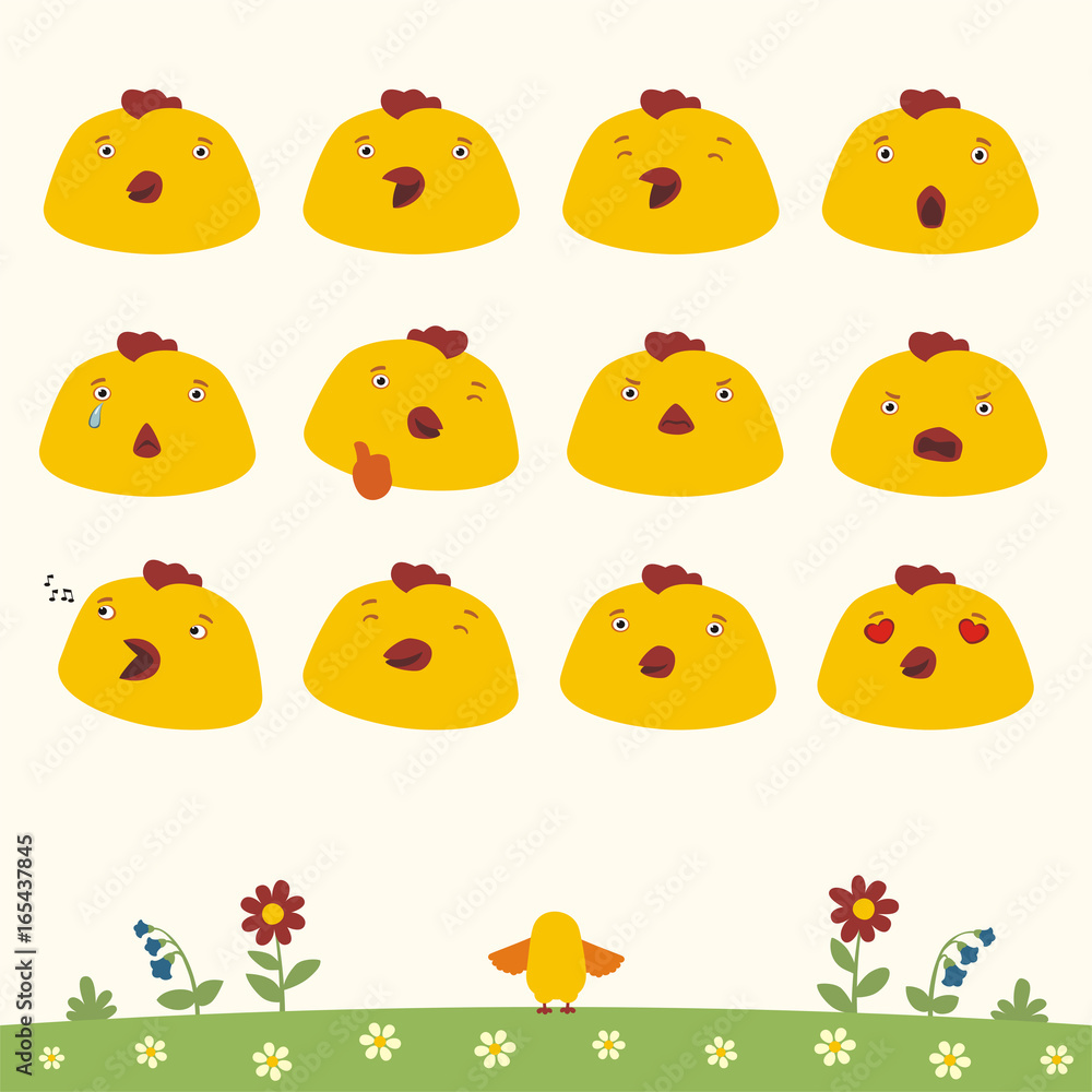 Emoticons set face of chicken in cartoon style. Collection isolated ...