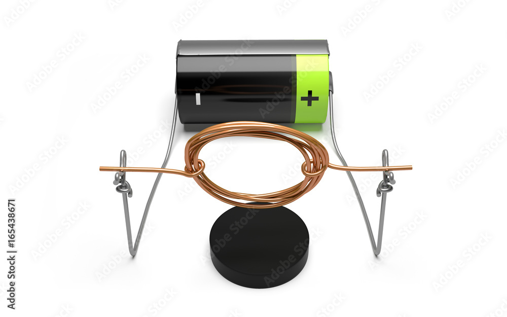 Simple electric motor experiment with cell and magnet front view. Stock ...