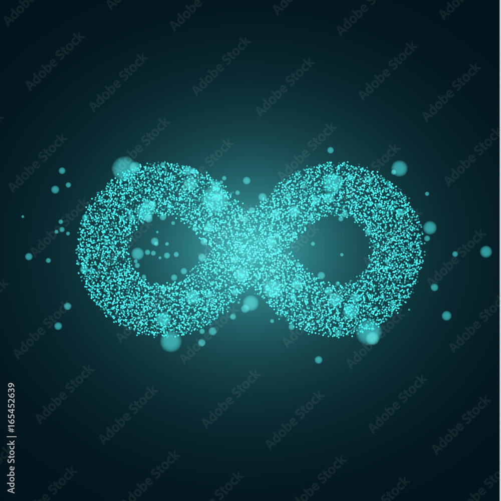 Glowing symbol of infinity from small blue particles. Glare bokeh and ...