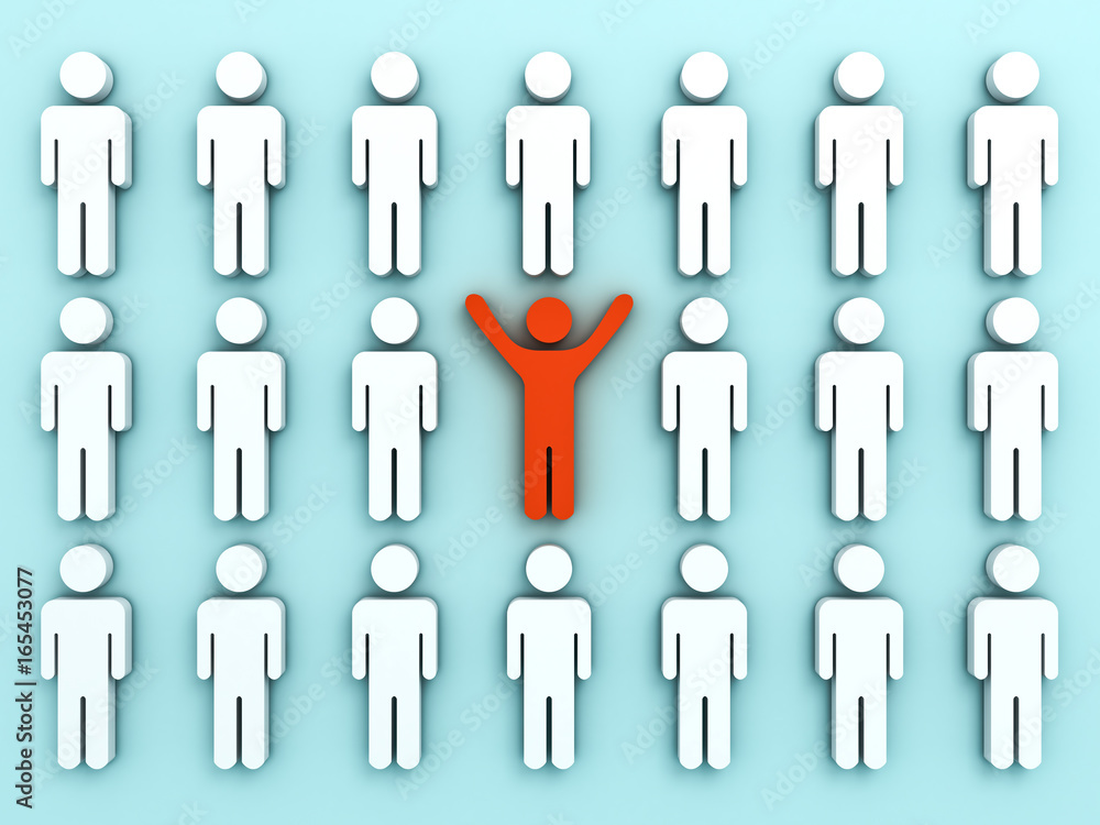 Stand out from the crowd and different concept , One red man standing ...