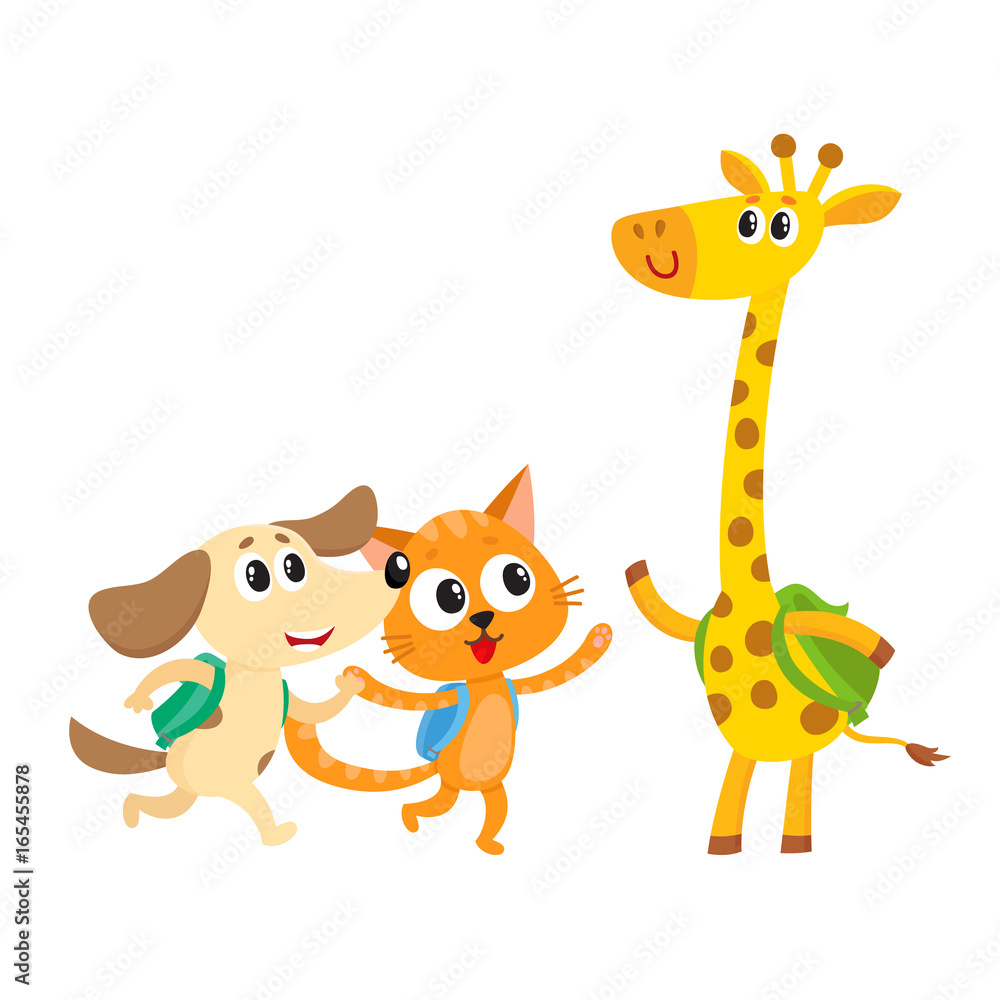 Cute animal student characters, cat, dog and giraffe with backpacks ...