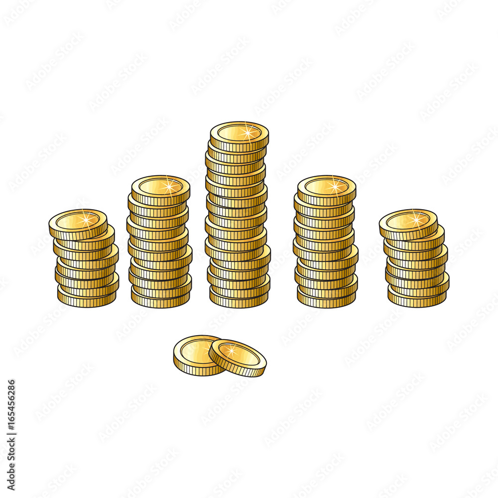 Set of shiny gold coins in tall and short stakcs, piles, sketch vector ...