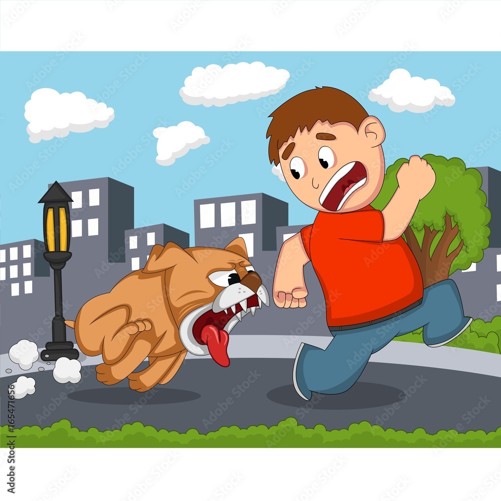 The little boy was chased by a fierce dog with city background cartoon ...