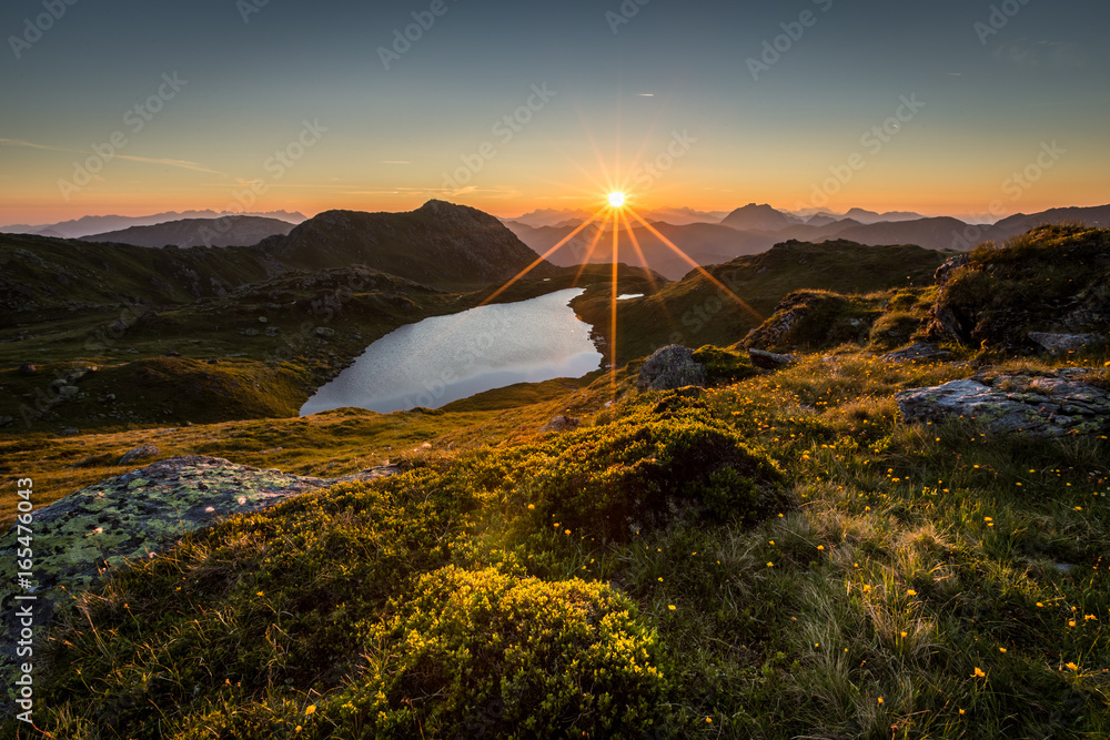 Sonnenaufgang über See am Berg mit Blumen und Steine im Vordergrund ...