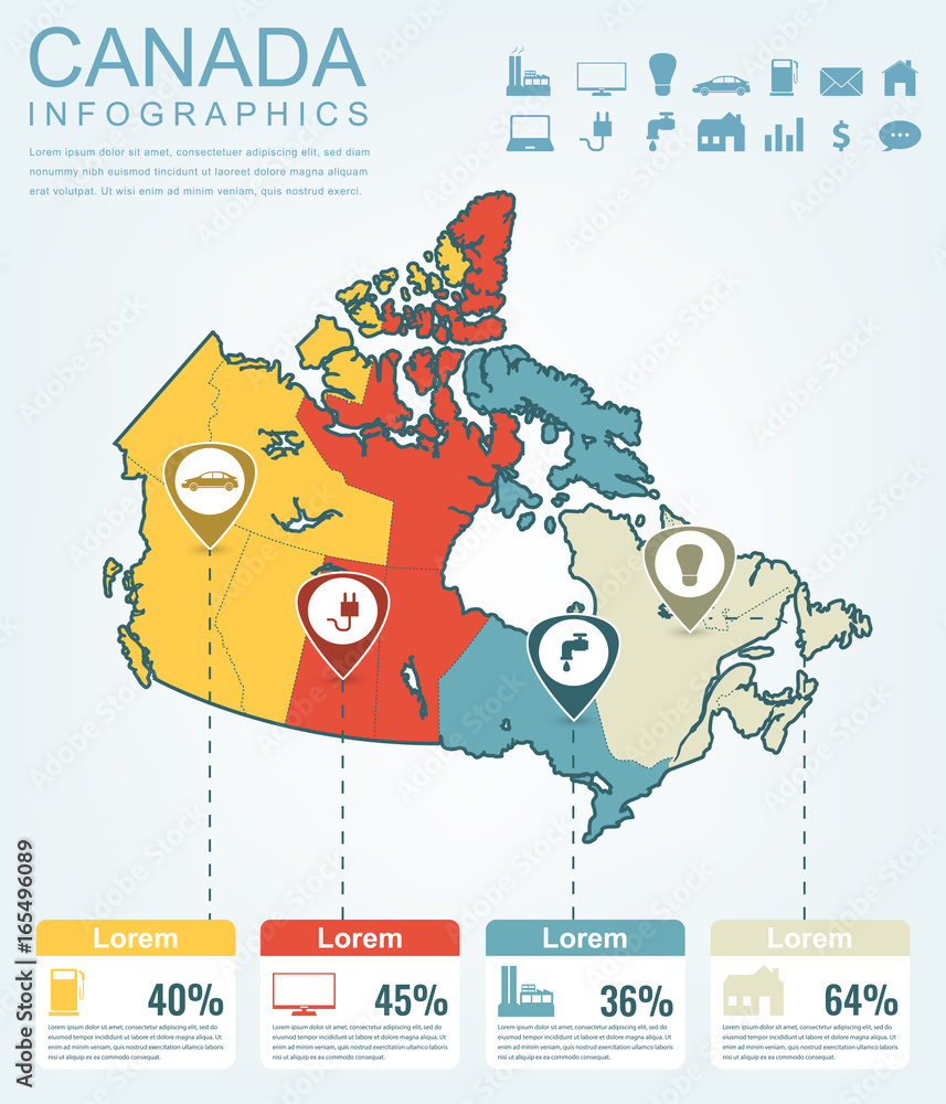 Canada map with Infographic elements. Infographics layouts. Vector ...