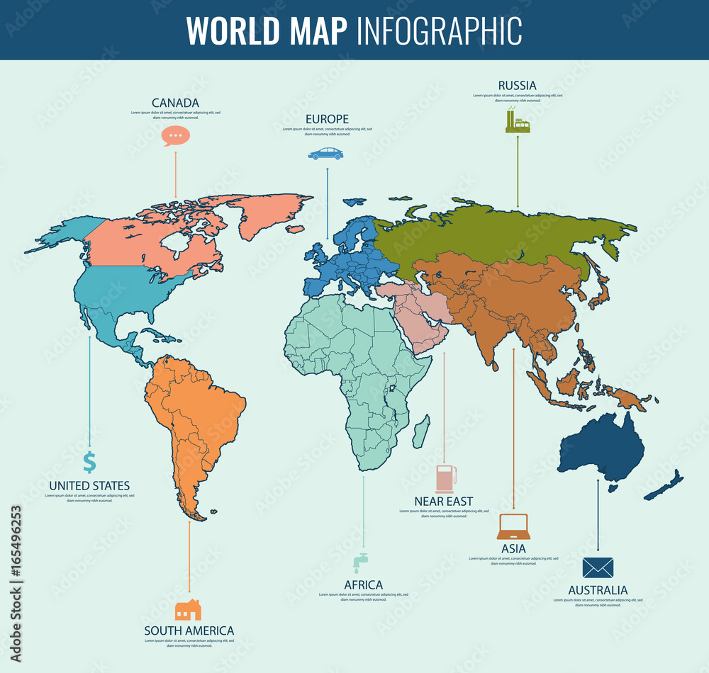 World map infographic template. All countries are selectable. Vector ...