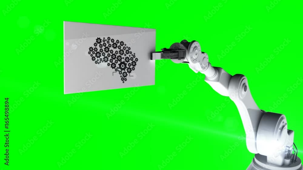 Digitally generated video of robotic arm holding card with diagram of ...