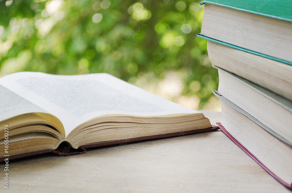 Open book and stack of books on the background of a window with greens ...