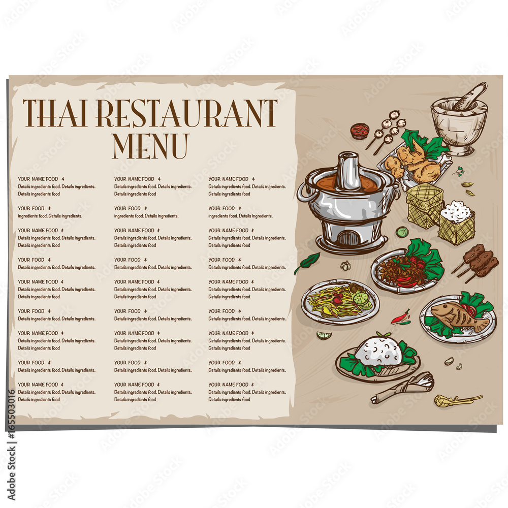menu Thai food restaurant template design hand drawing graphic. Stock ...