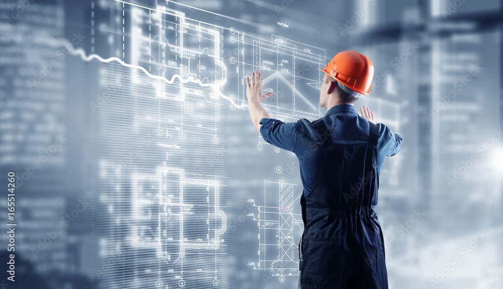 Builder man draw project . Mixed media Stock Photo | Adobe Stock