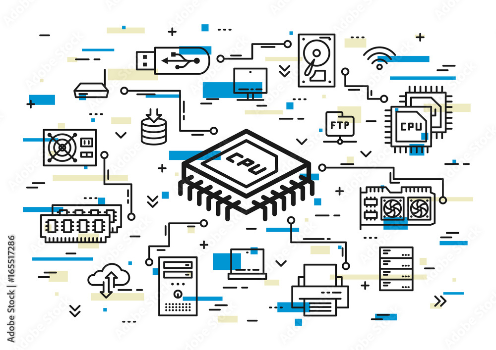 CPU chip and computer components vector illustration with colorful ...