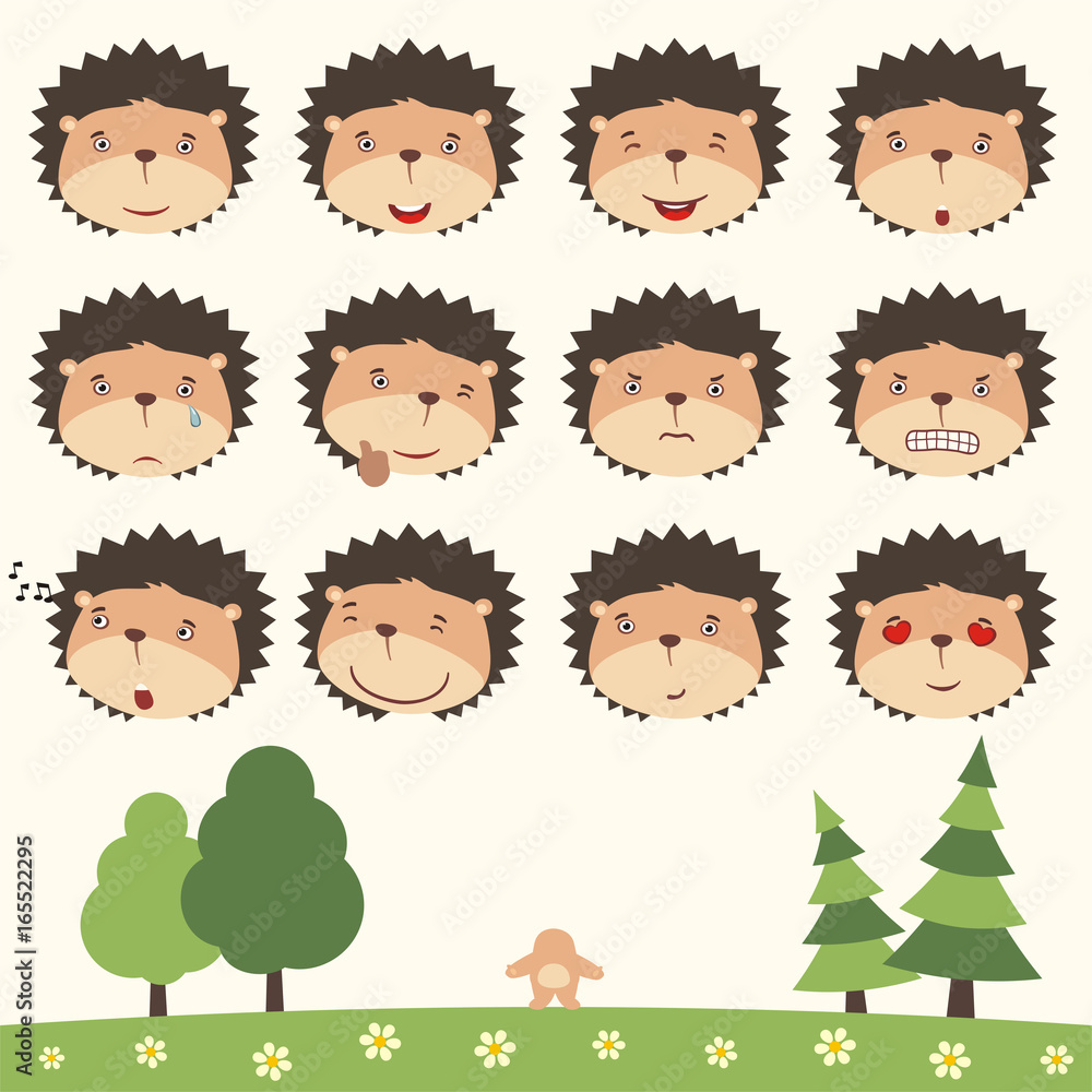 Emoticons set face of hedgehog in cartoon style. Collection isolated ...