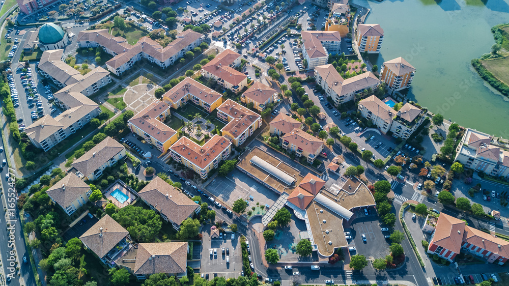 Aerial view of modern residential district and houses from above, real ...